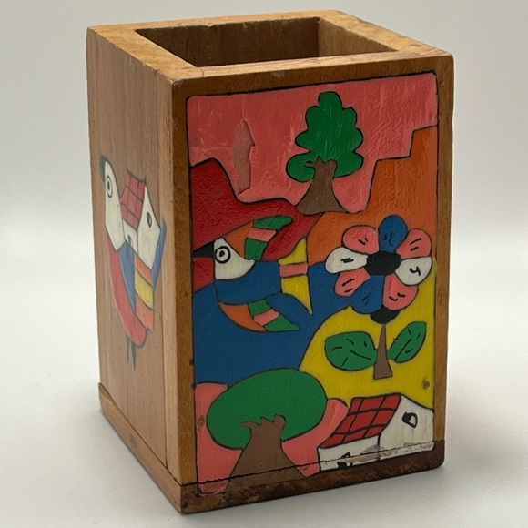Vintage | Office | Vintage Folk Art Painted Wood Pencil Holder Box ...